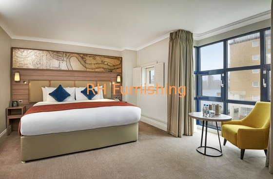 4 star Hotel room Bed Furniture Laminate bed with Leisure Chaise lounge and HPL TV table Writing desk unit supplier