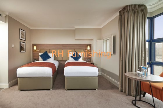 4 star Hotel room Bed Furniture Laminate bed with Leisure Chaise lounge and HPL TV table Writing desk unit supplier