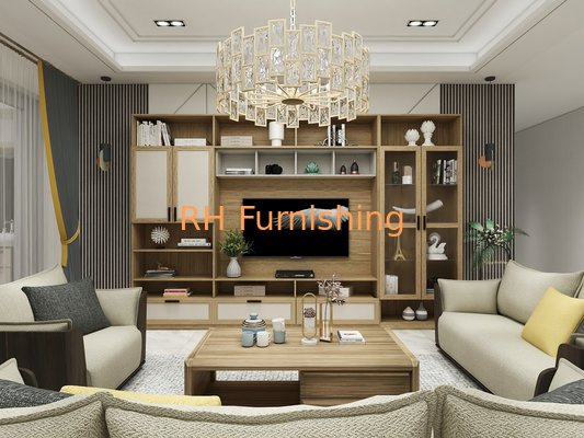 KD Structure Furniture Of Wall Unit TV Cabinet By Melamine Furniture With Glass Showcase And Audio-Visual Floor Stand supplier