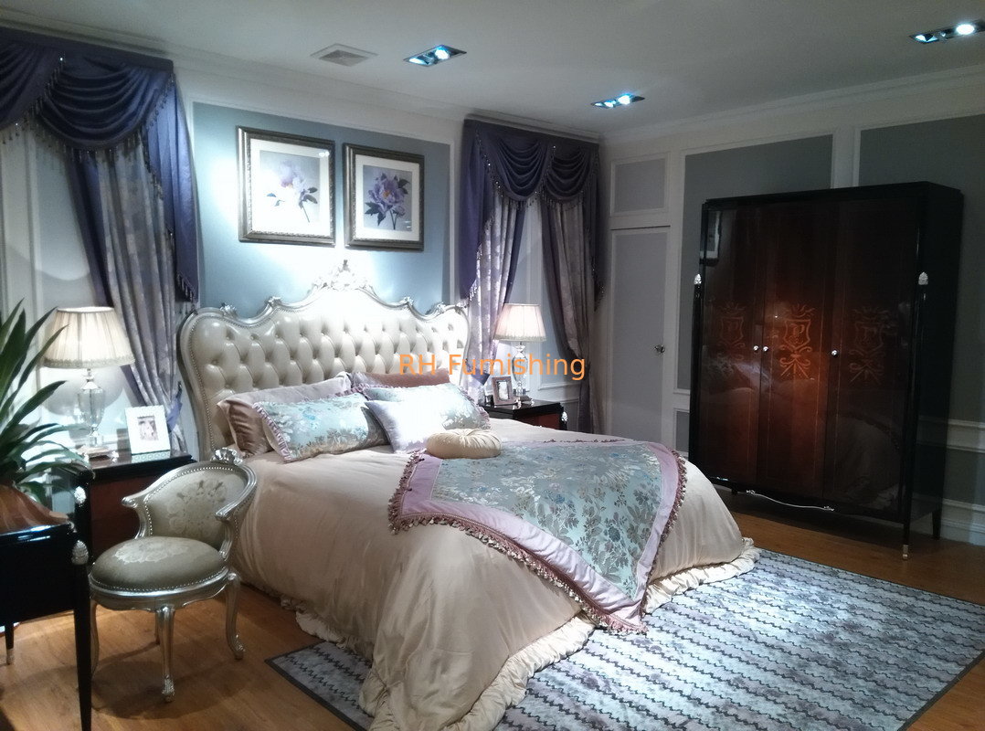 Luxury Classic Bedroom Furniture Queen size Bed Flower Craft Wood and Leather Headboard in Sliver White painting supplier