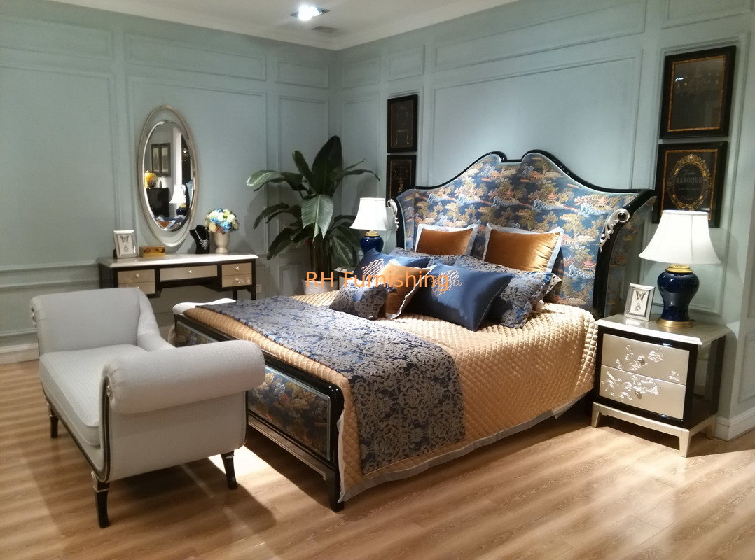 Luxury New Classic Bedroom Furniture set King Bed black finish Wood and Culture Fabric Headboard factory direct Price supplier