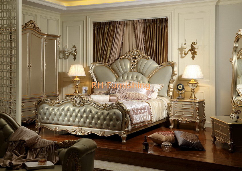 Luxury classic  Bedroom furniture Villa interior design of King bed by Craft wood with Italy Leather headboard supplier