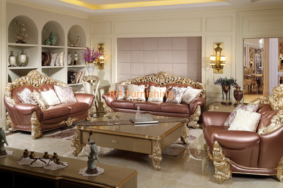 Luxury Sofa sets by Beech wood craft design in golden color painting and Imported Italy Leather for Villa living rooms supplier