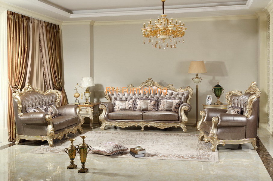 French style Luxury design of Living room Sofa sets 1+2+3  used Beech wood Carving and Import Italy Leather Furniture supplier