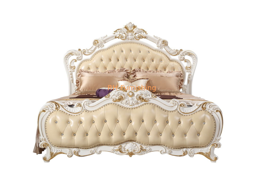 Luxury Bed Sets of Ivory White high quality bedroom furniture brands Leather upholstered Queen size Bed for Villa house supplier