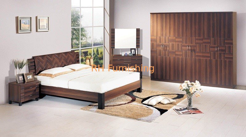 Walnut color Home Furniture,Panel Bedroom Set,Wood Bed and Wardrobe,Nightstand,Dresser with Mirror,Amorie,Chest supplier