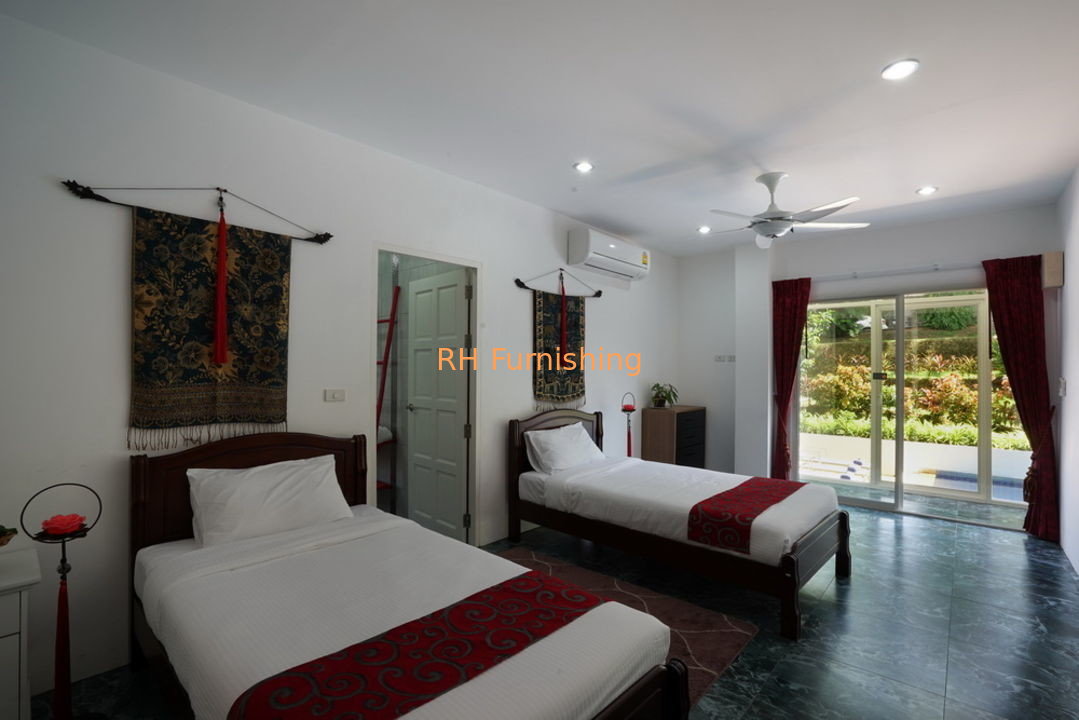 Holiday Villa room Furniture used Rubber wooden Double bed and Single Couch with Cabinet supplier
