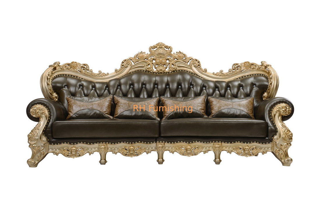 Brown Genuine leather 1+2+3seat Sofa in Classic carving Furniture Sliver color Joyful Ever supplier