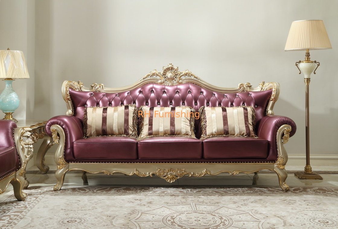 Purple Genuine leather three seat Sofa in Luxury carving Furniture European Joyful Ever supplier