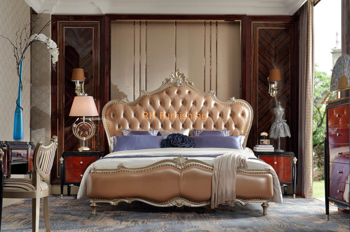 Luxury Bedroom furniture of Leather king size bed with Nightstand in Ebony wood glossy painting supplier