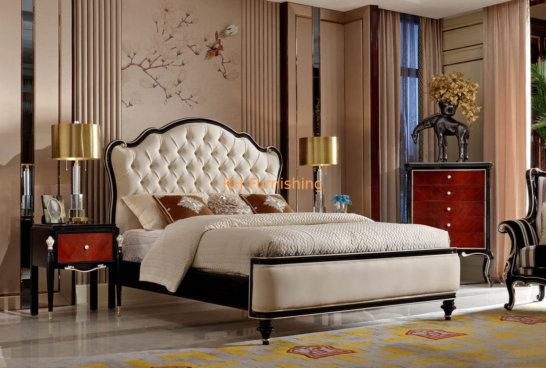 Luxury furniture sets French Neoclassical Black Bright Solid Wood Furniture Leather Soft Packed Double Bed supplier
