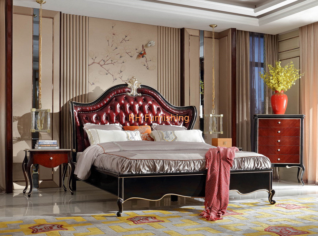 European style Classic design furniture of Leather headboard Bed used Beech wood in Glossy painting for Villa house supplier
