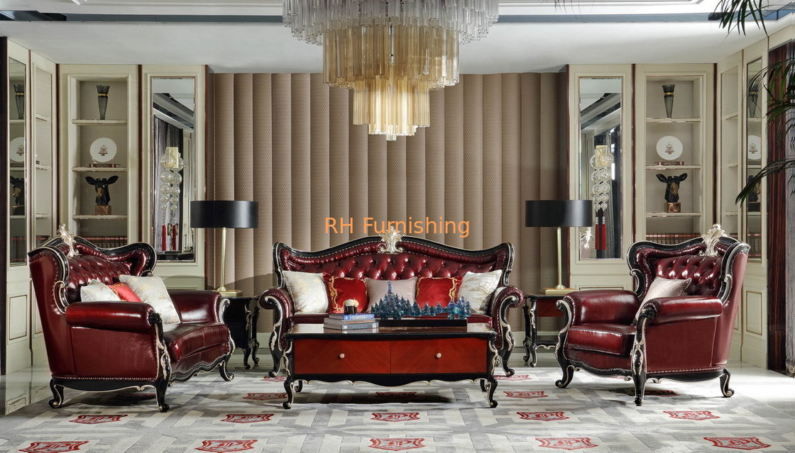 New Classical French Sofa in Glossy Solid Wood frame with Leather upholstered 1+2+3 Living Room Furniture Factory direct supplier