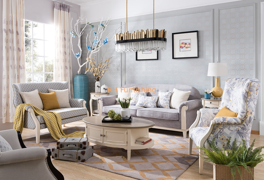 Lobby Sofa Set of European leisure style Fabric upholstered sofa chairs used wood in white painting supplier