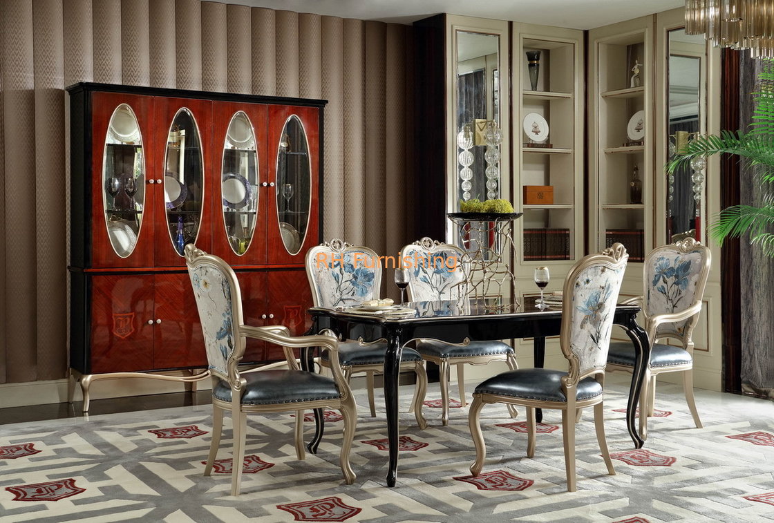 Luxury Furniture Dining room Long Tables in high glossy painting Ebony veneer with High density Upholstered Chairs supplier