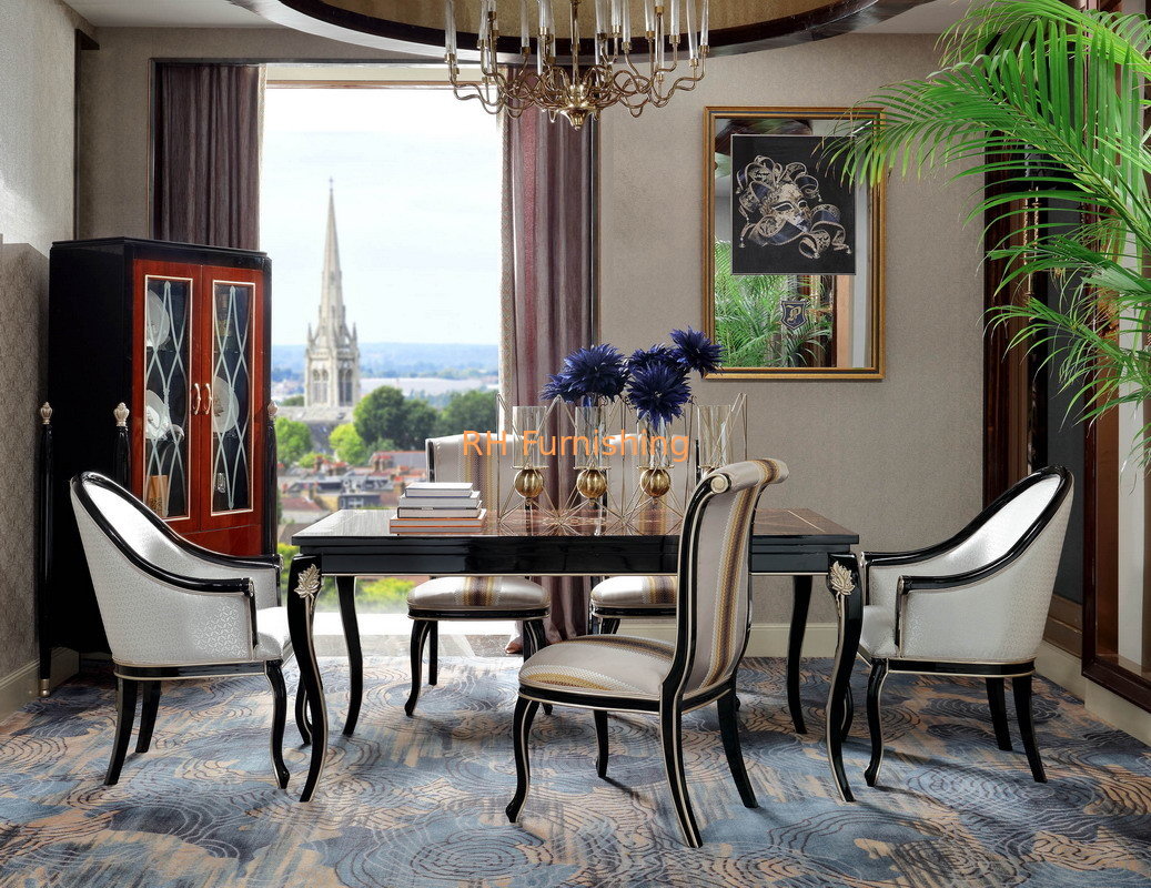 New classic Luxury room Furniture Dining Tables in glossy painting Ebony wood with Fabric Upholstered Chairs and Buffet supplier