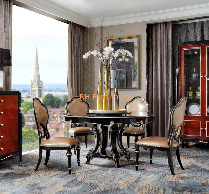 New classic Luxury Furniture Round Dining Tables and Wine Cabinet in glossy painting with Leather Upholstered Chairs supplier