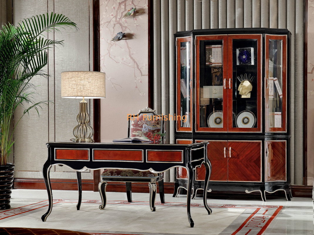 Luxury Home office Furniture set Ebony wood Bookcase cabients and Reading desk in glossy painting with Writing chairs supplier