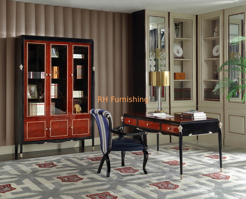 Luxury Villa house office Furniture Ebony wood Book cabients and Reading desk in glossy painting with Writing chairs supplier