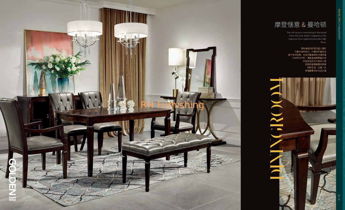 Light luxury wood furniture of dining room set by Long table with Upholstered dining chairs supplier