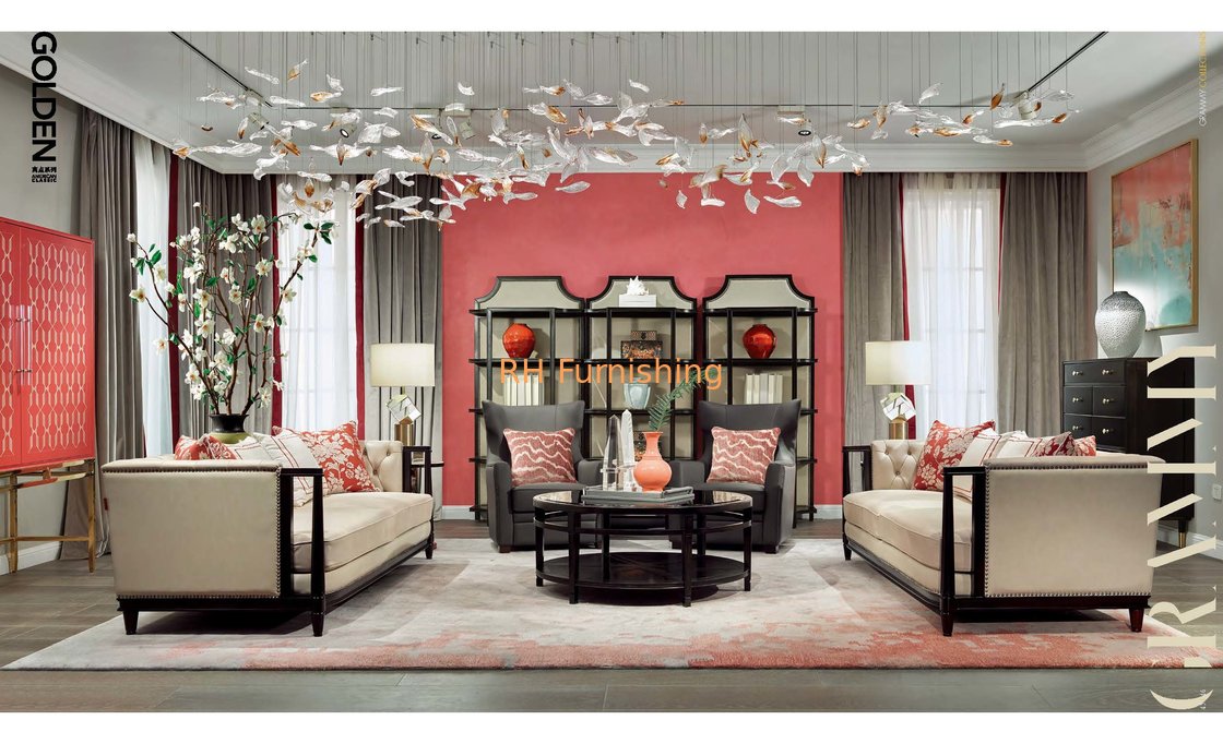 Luxury villa house furniture of Living room leather sofa set made by Maple wood structure with coffee table supplier