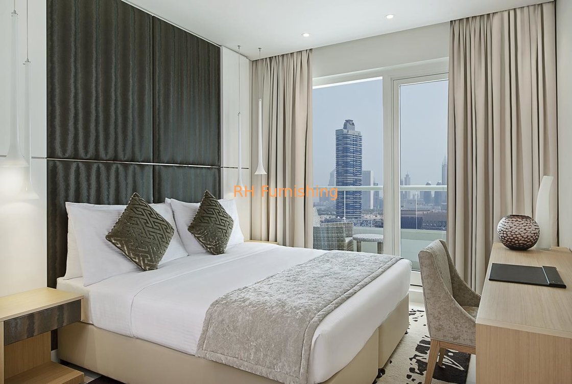 Hotel apartment room furniture made by Laminate board for Desk with Minibar cabinets and Upholstered headboard supplier