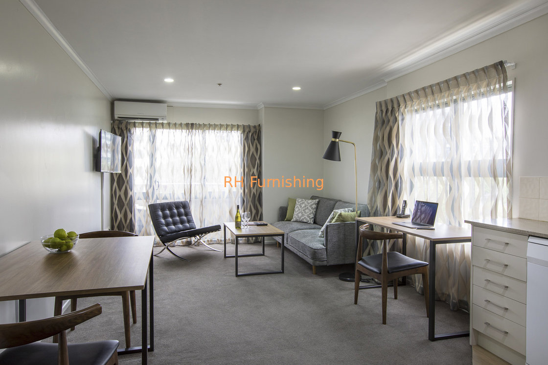 Budget hotels interior design of Leather upholstery headboard bed with Wood structure desk and tables supplier