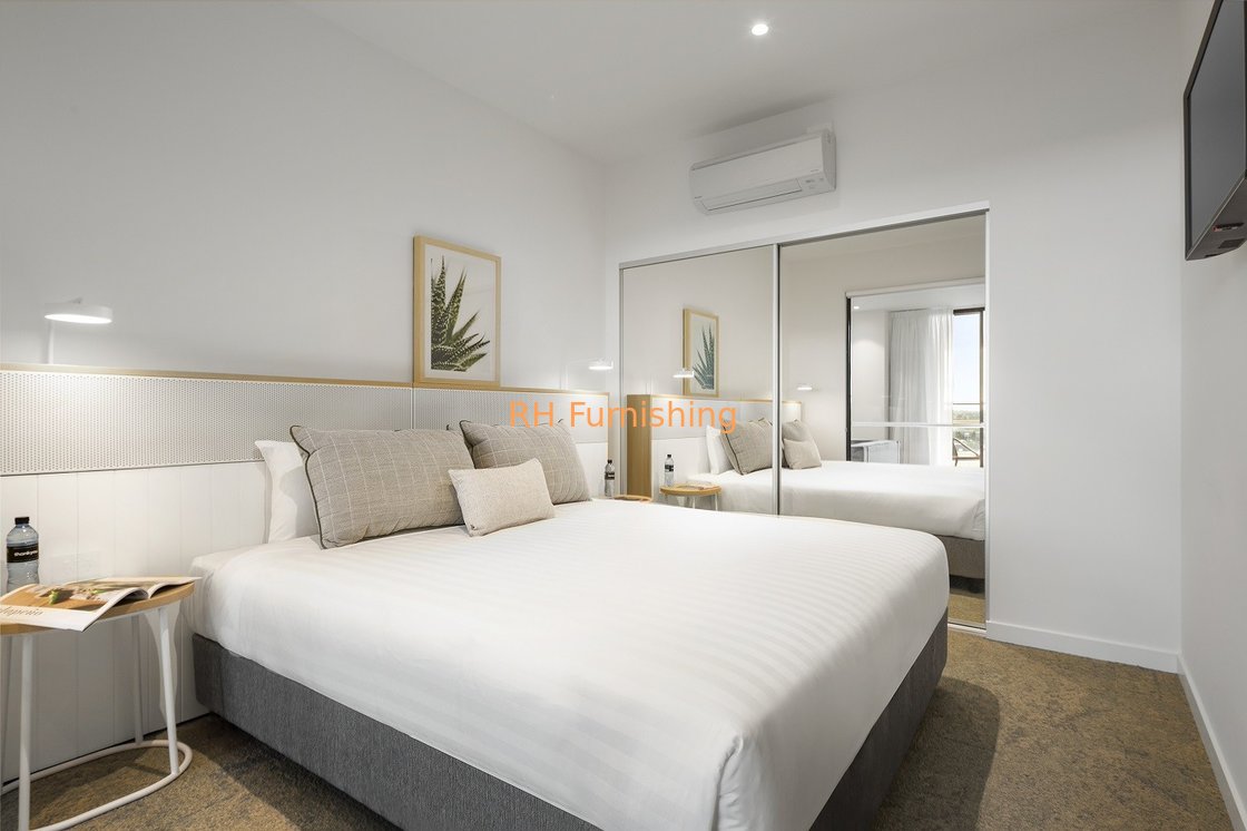 Fabric upholstered bed headboard and sofa chairs for hotel style apartment with Laminate board desk and cabinets supplier