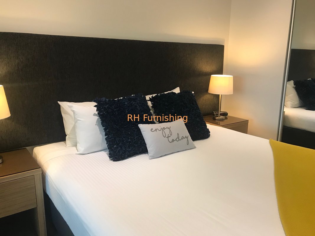 Hotel executive apartment bedroom furniture by upholstered bed and Laminate wood table with cabinet supplier