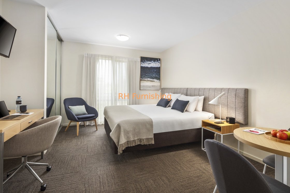 Fabric upholstery King size bed and laminate wood desk tables with luggage cabinet supplier