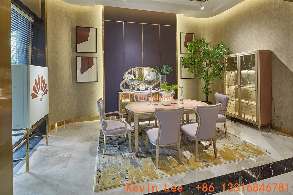 Light luxury dining room table and chairs set with Buffet cabinets in maple wood for Villa house interior design fixture supplier