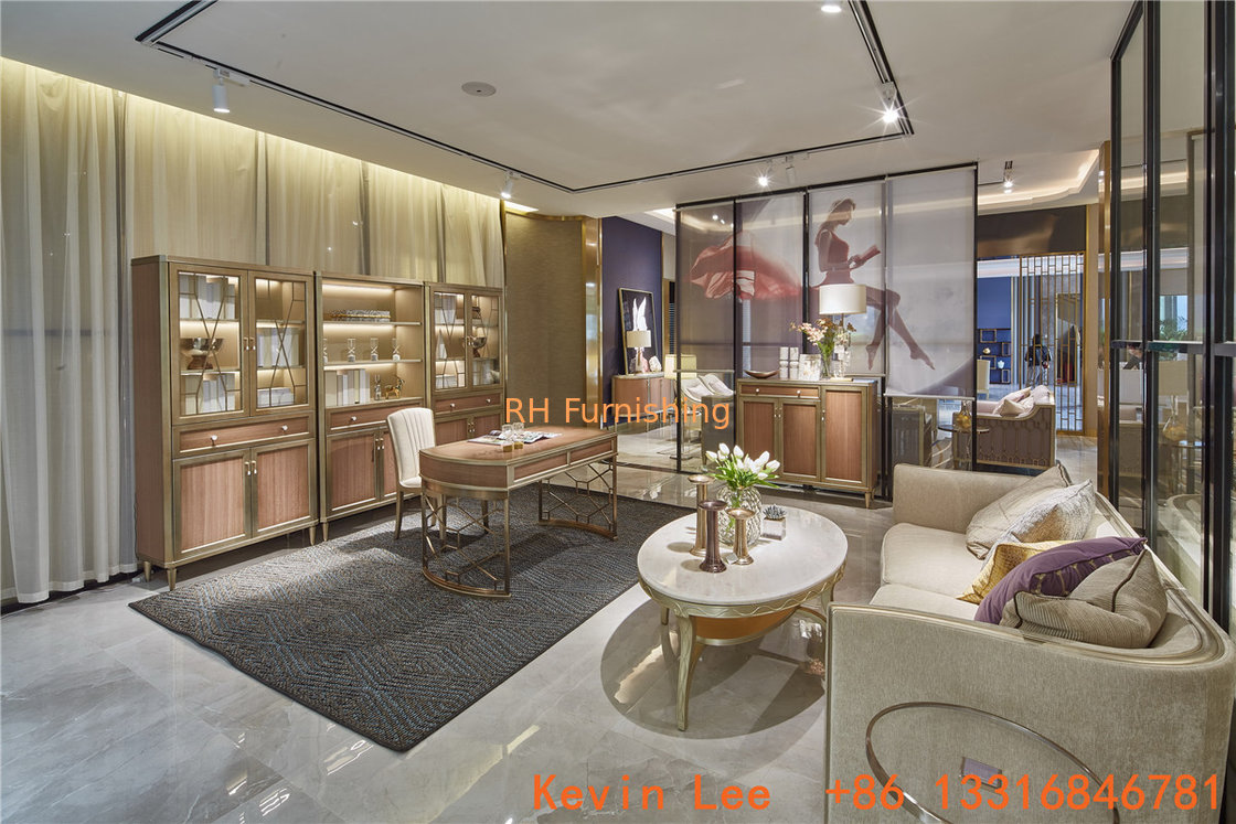 Light luxury home office furniture Villa house study room bookcase cabinets with desk tables in golden Stainless steel supplier