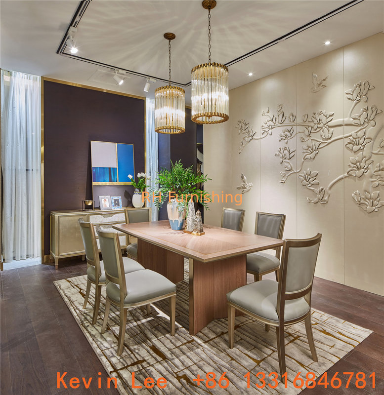 Luxury dining room furniture set Nice wood veneer painting long dining table with Leather upholstery chairs factory sale supplier