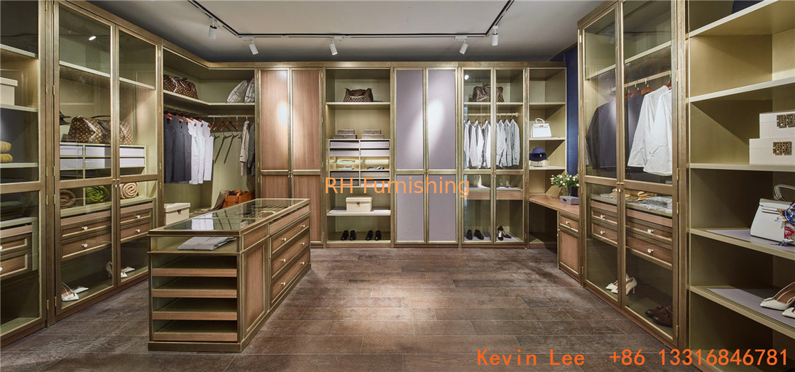 Villa house wardrobe closet in light luxury design Built-in cabinets for cloth and jewelry display wood working counters supplier