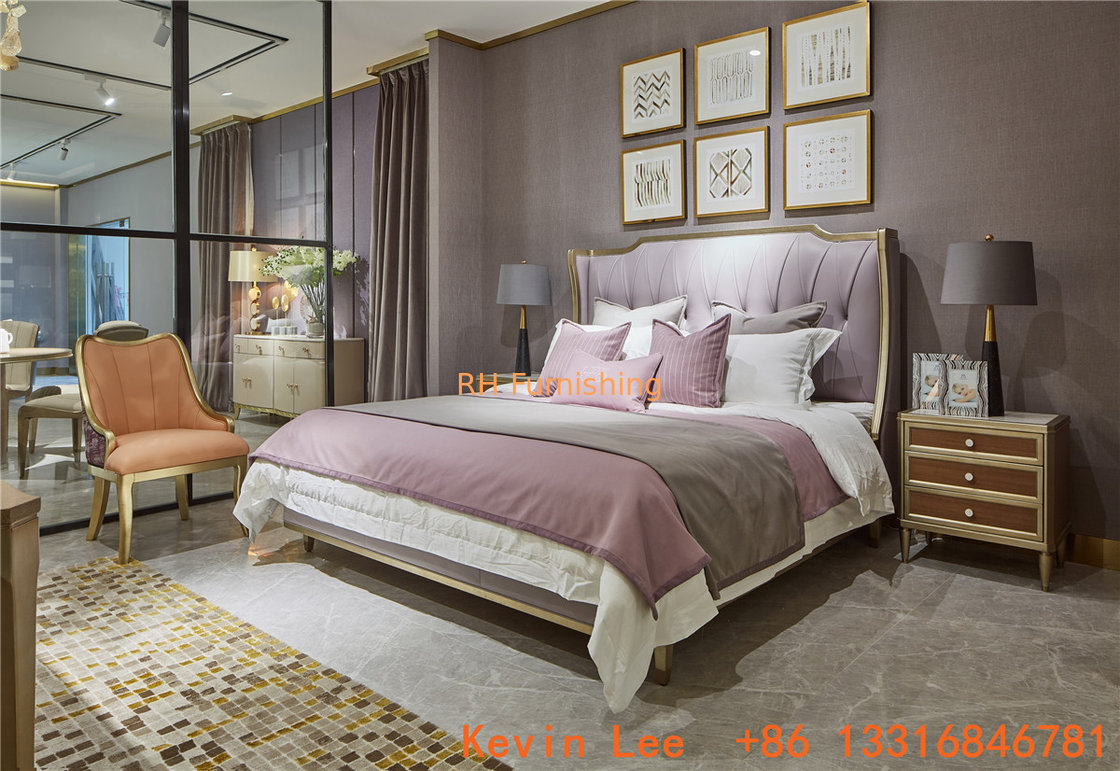 Villa house upholstered headboard by golden painting wood bed with luxury Nightstand for Villa house interior designer supplier
