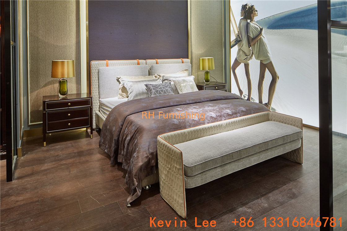 Villa home upholstered headboard king size bed in light luxury fabric with Lounge bench by Customized furniture factory supplier