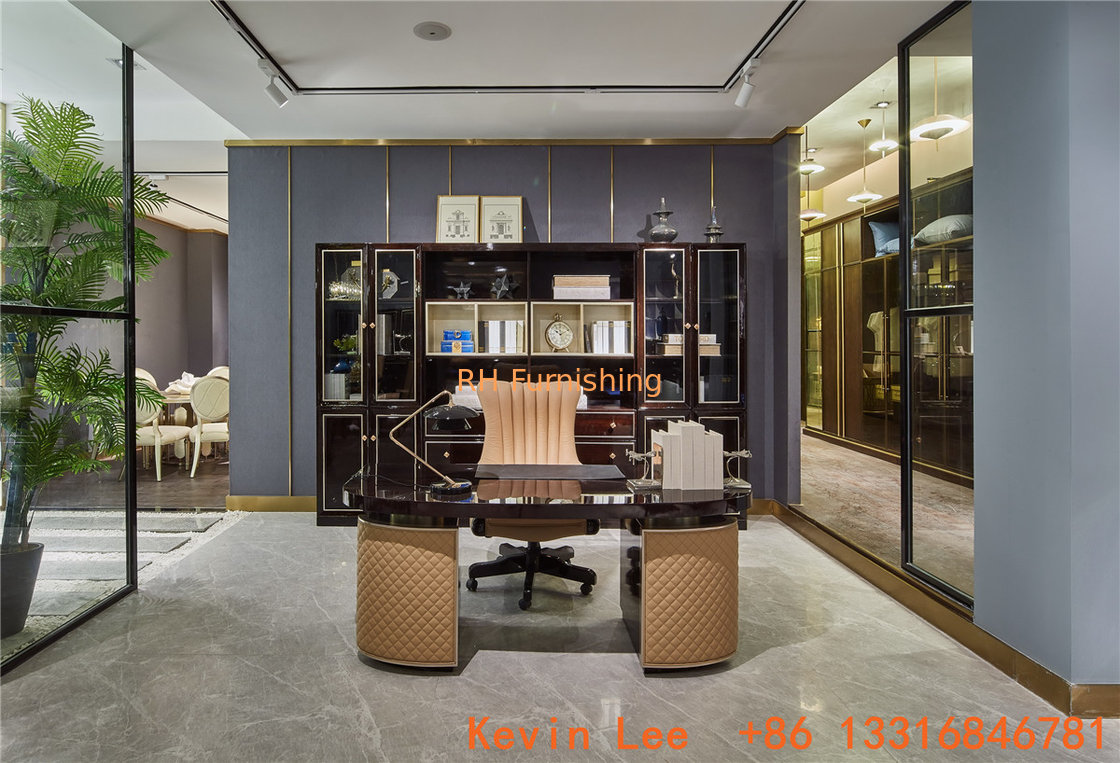 Luxury interior design furniture reading rooms writing desk and Bookcase with glass door in black glossy wood cabinets supplier