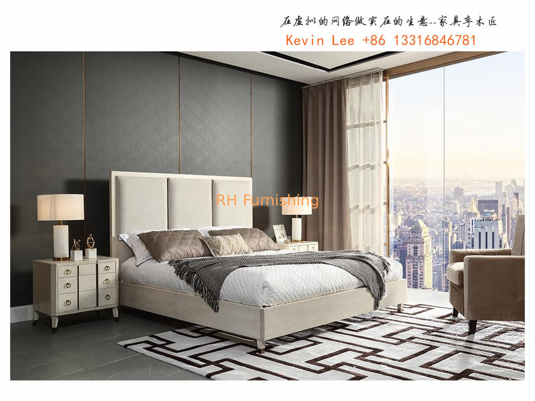 Light American style Bedroom furniture Leather headboard king size bed with Wood nightstand for Villa house interior supplier