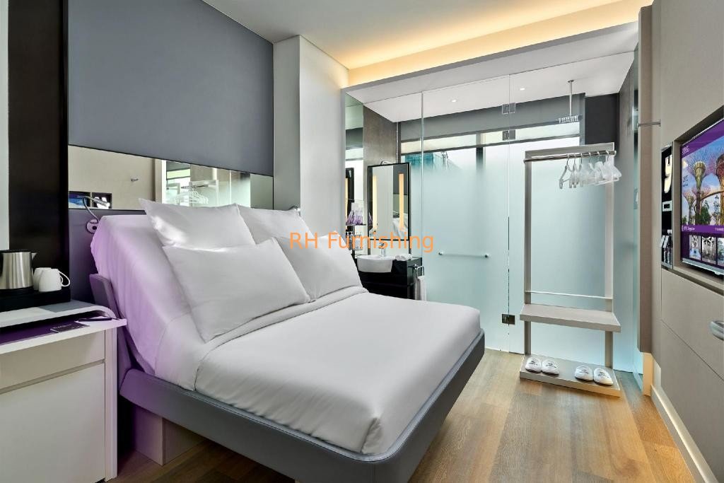 Fashion design of Hotel guestroom furniture by Laminate board fixture for cabinets and Leather upholstered headboard bed supplier
