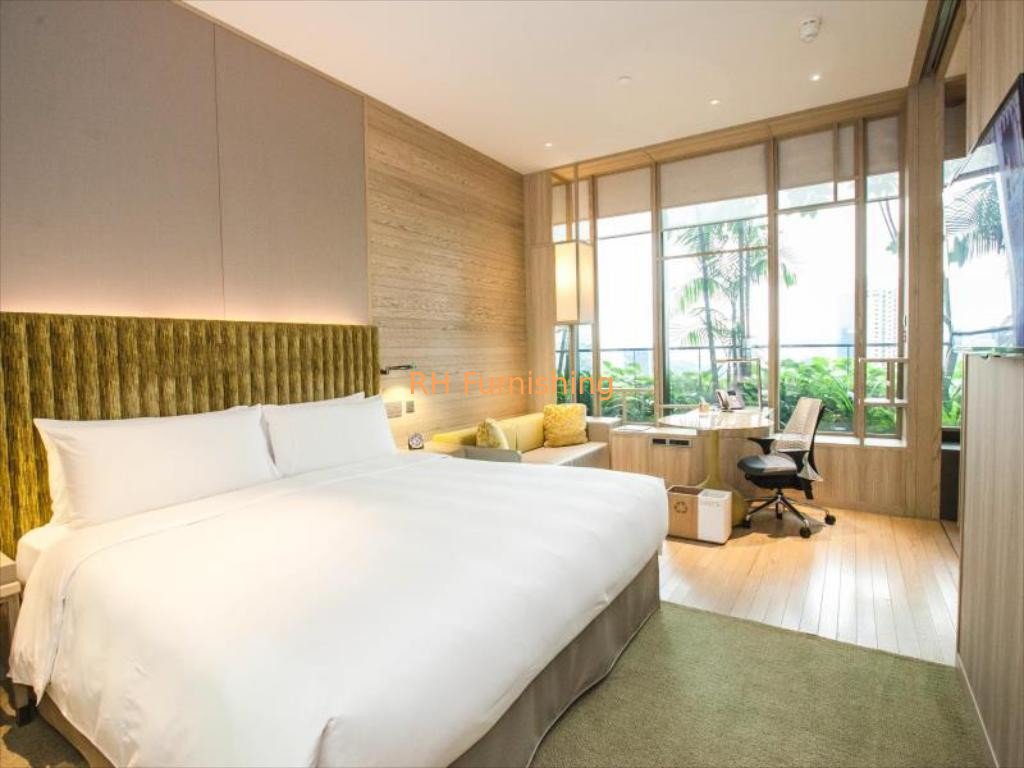 Fabric headboard bed with Laminate furniture desk table with wardrobe cabinets supplier