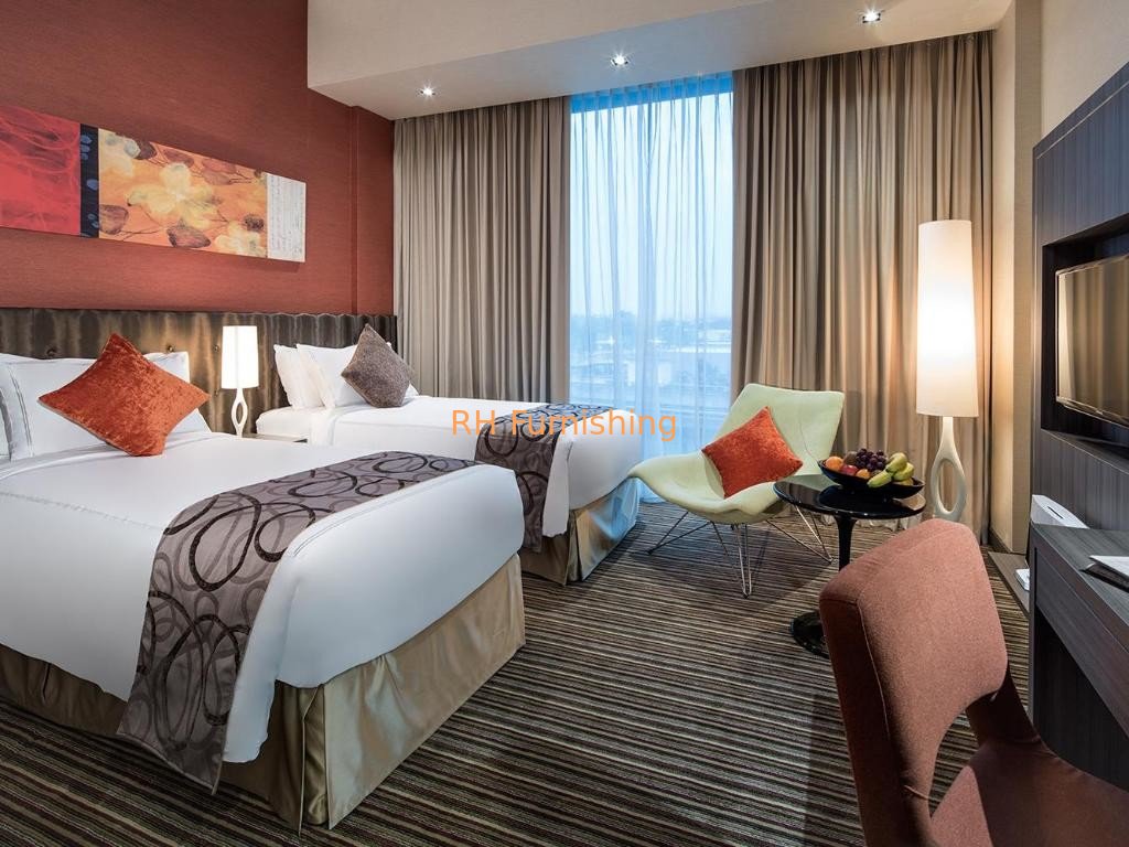 Hotel style apartment interior design of Laminated furniture for Wall mounted cabinet and Upholstered headboard bed supplier