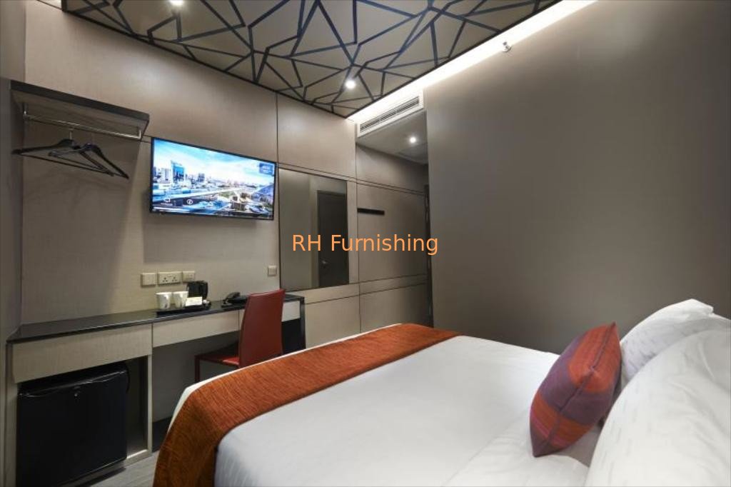 Hotel furniture for sale by melamine laminate board wall panel and bed headboard with TV cabinet tables supplier