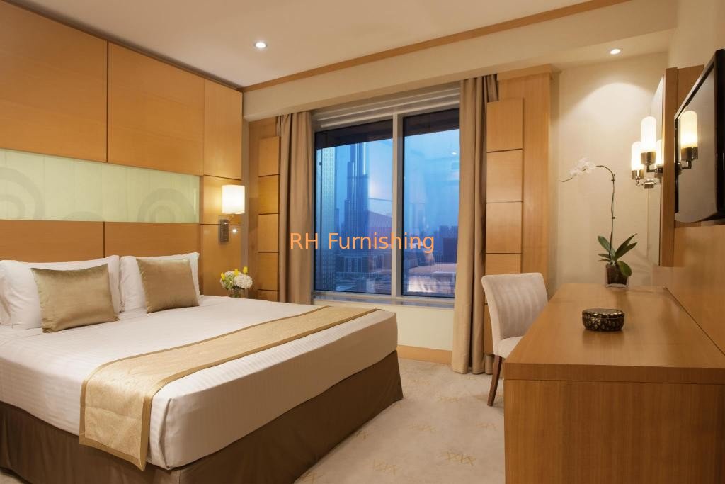 Oddar Meanchey hotel Bedroom furntiure factory from China by laminate wood headboard bed with desk table and cabinet supplier