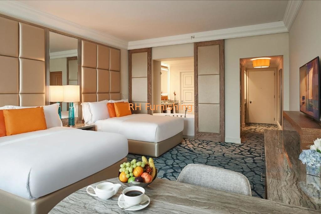 PHNOM PENH Luxury hotel bedroom furniture made by Leather upholstery headboard with bed and Wood TV table combined desk supplier