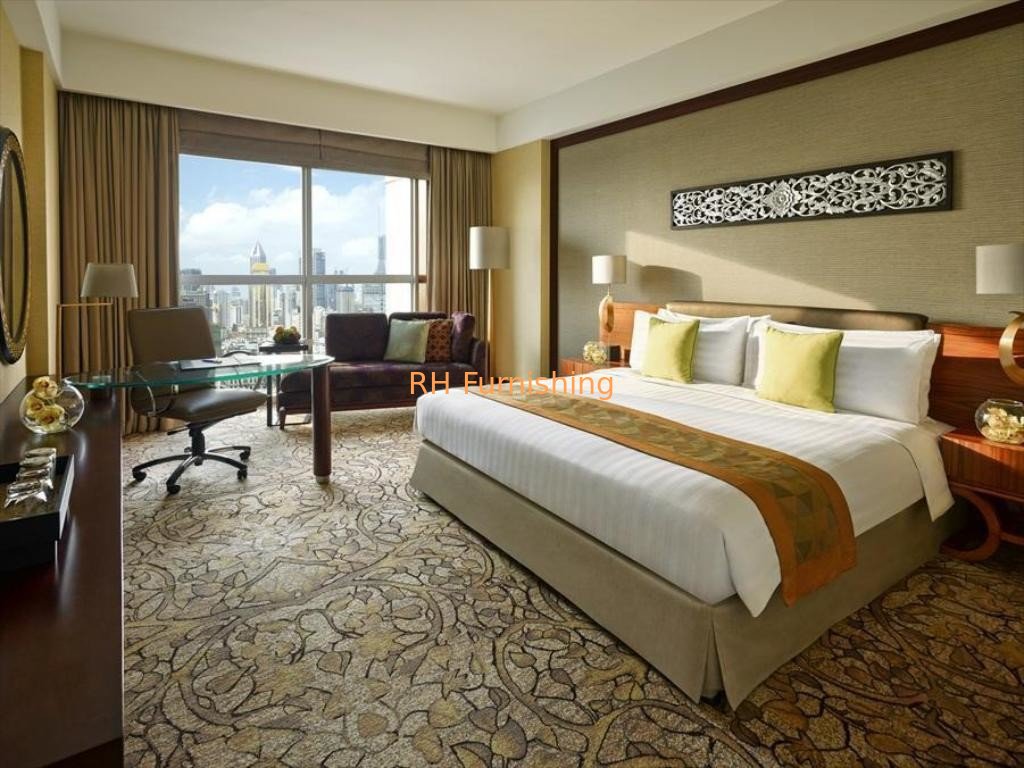 Preah Vihear furniture factory for Hotel rooms made Leather headboard bed and Wood table desk with Chairs supplier