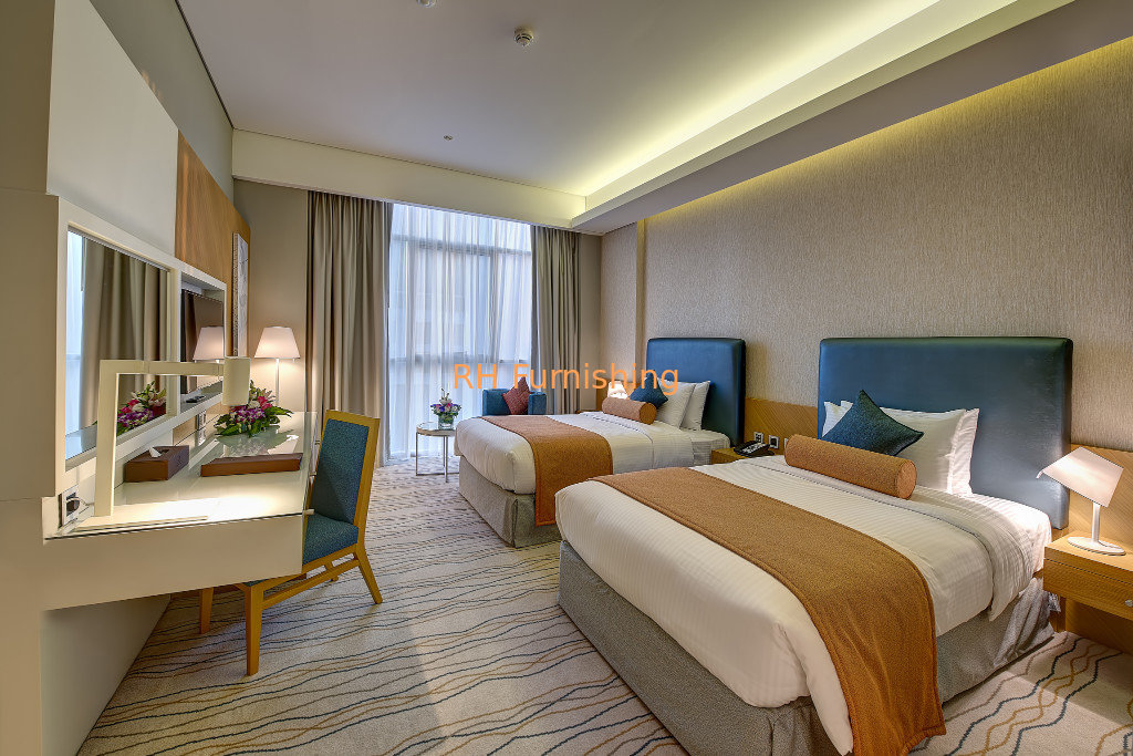Prey Veng Province furniture supplier for Hotel room furniture hotel bed with wood tables and hotel sofa set supplier