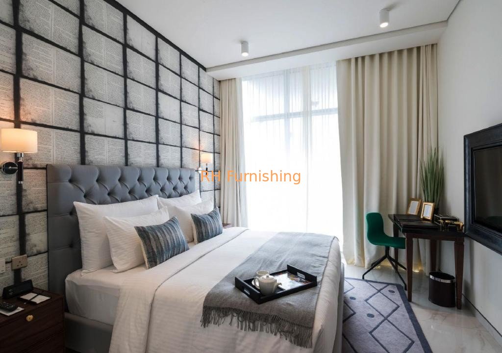 Siem Reap Bedroom furniture supplier hotel guestroom of Fabric upholstered Bed and wood tables with dining chair supplier