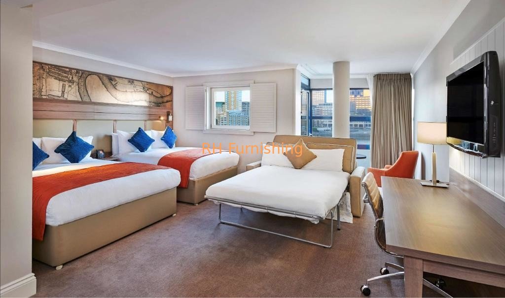 Malaysia Hotel furniture supplier from china for Hotel room interior design of Upholstered headboard bed with cabinet supplier