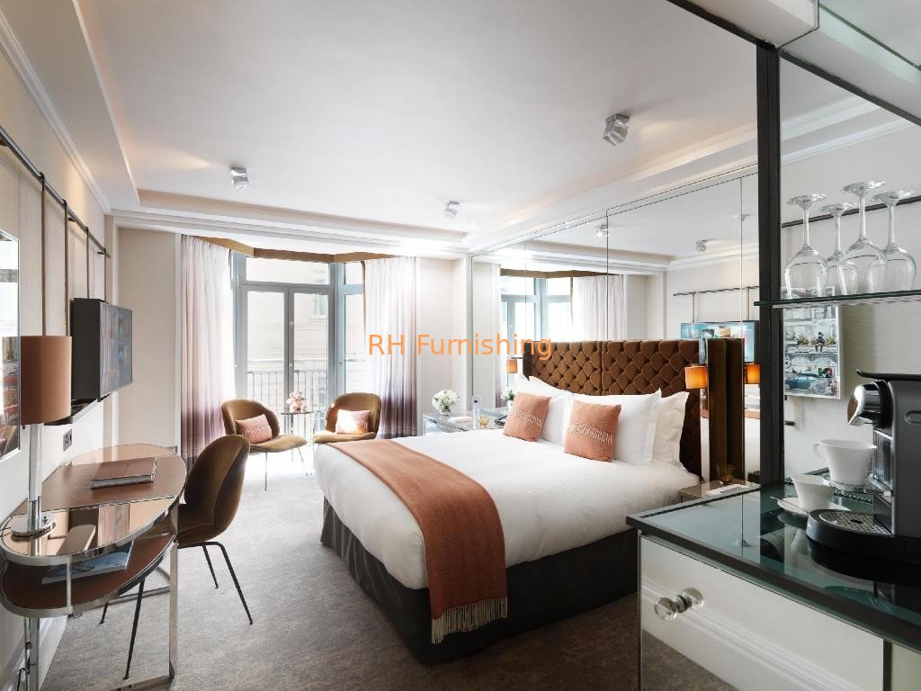 Negeri Kedah hotel furniture supplier made Guestroom bedroom sets by Fabric bed and Stainless steel with wood desk table supplier