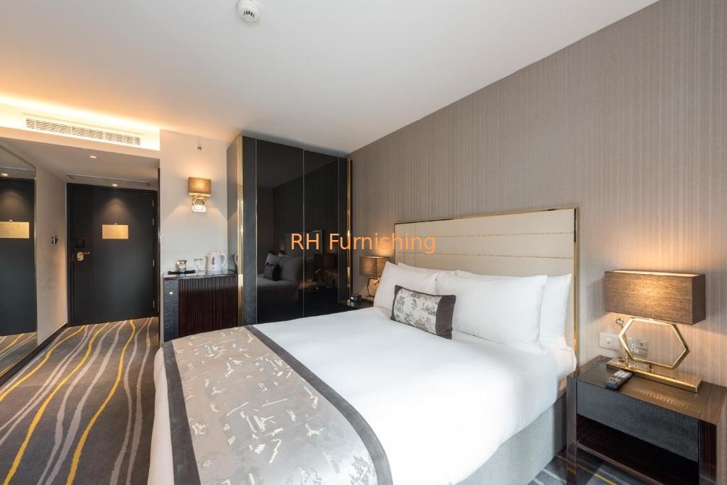 Melaka light luxury hotel room design of guestroom furniture by Stainless steel leather headboard bed with fashion table supplier